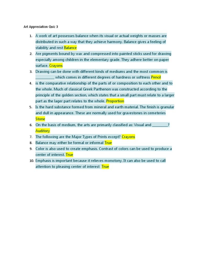 Art Appreciation Quiz 3: Key Concepts | PDF | Language Arts & Discipline