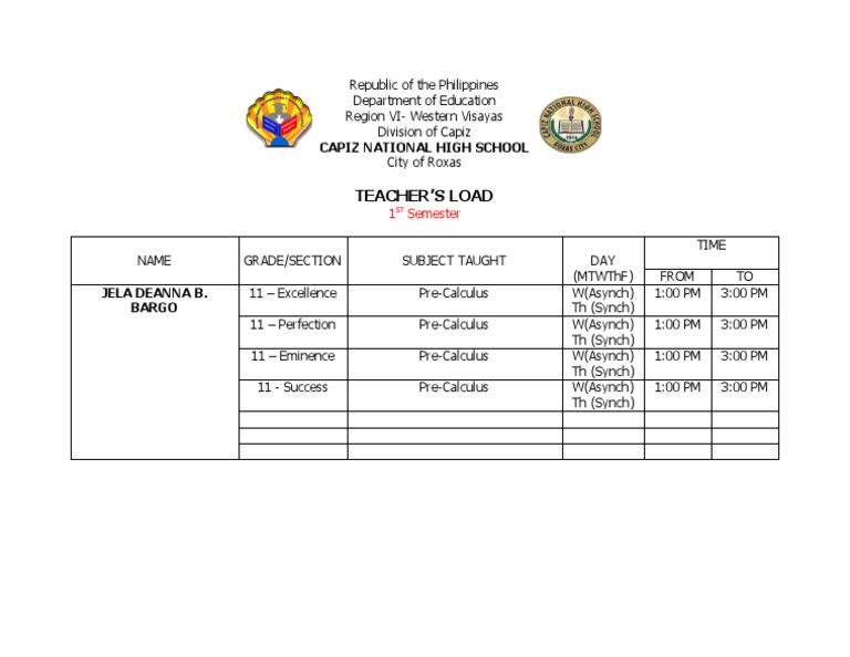 Capiz National High School Teacher's Load | PDF
