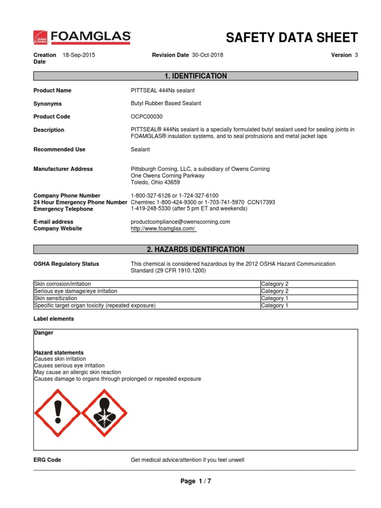 SDS-PITTSEAL 444Ns sealant-US-en | PDF | Superfund | Safety