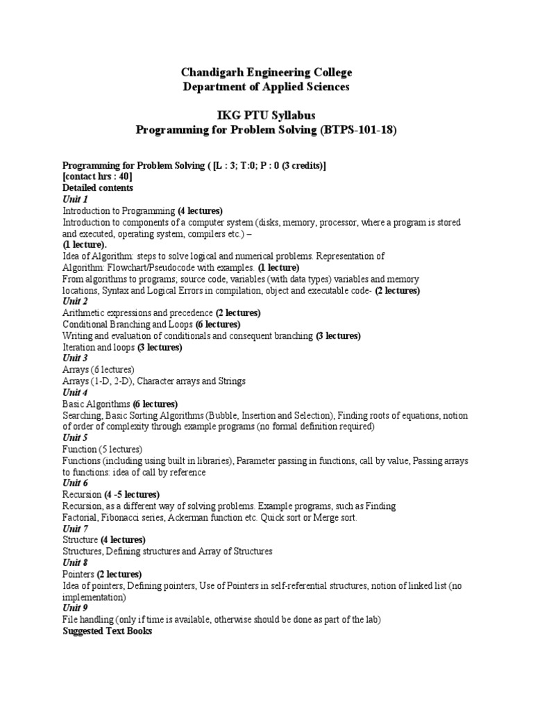 IKG PTU Syllabus Programming for Problem Solving | PDF | Subroutine ...