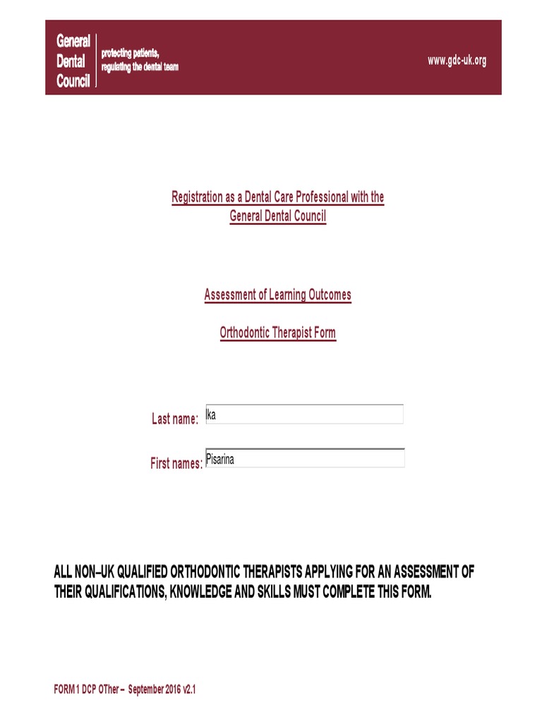 GDC Orthodontic Therapist Learning Outcomes Form | PDF | Dentistry | Orthodontics