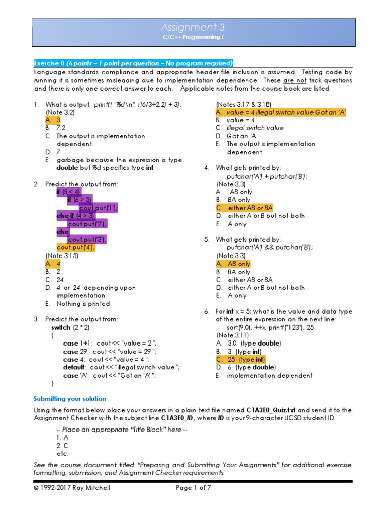 Assignment 3: Exercise 0 (6 Points - 1 Point Per Question - No Program ... Assignment 3: Exercise 0 (6 Points - 1 Point Per Question - No Program ...