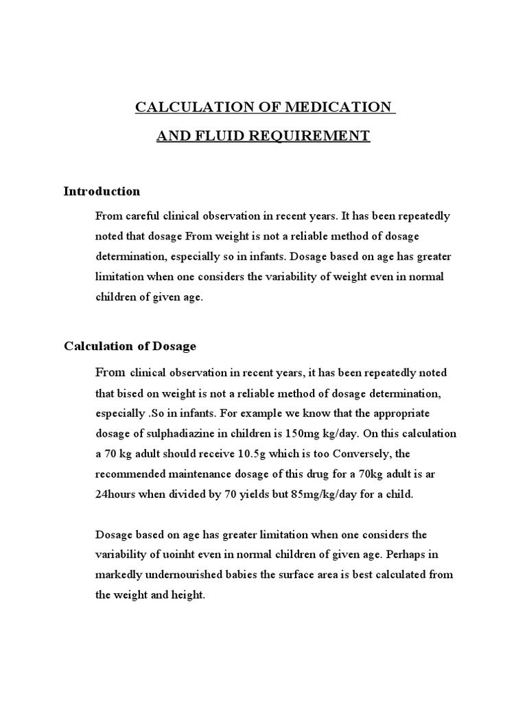 Calculation of Medication and Fluid Requirement | PDF | Dose ...