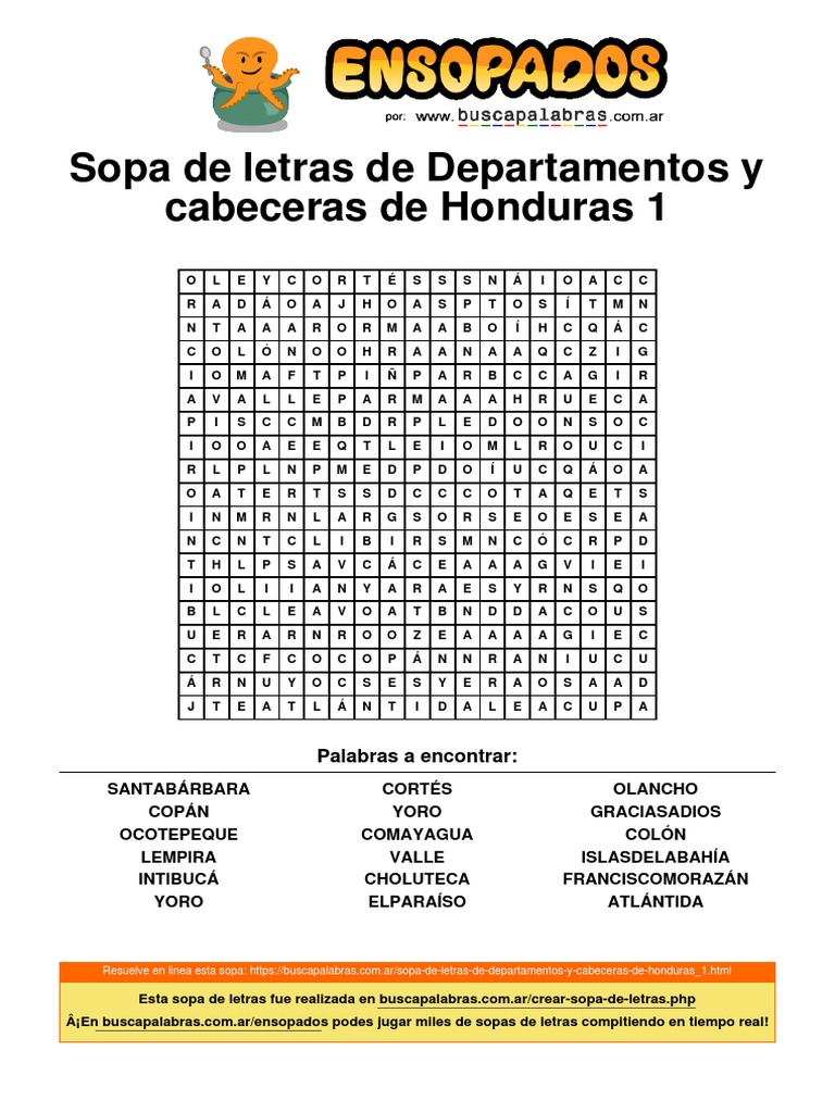 Sopa de Letras de Departamentos y Cabeceras de Honduras - 1 | PDF