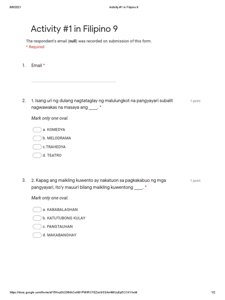 Activity #1 in Filipino 9 - Google Forms | PDF
