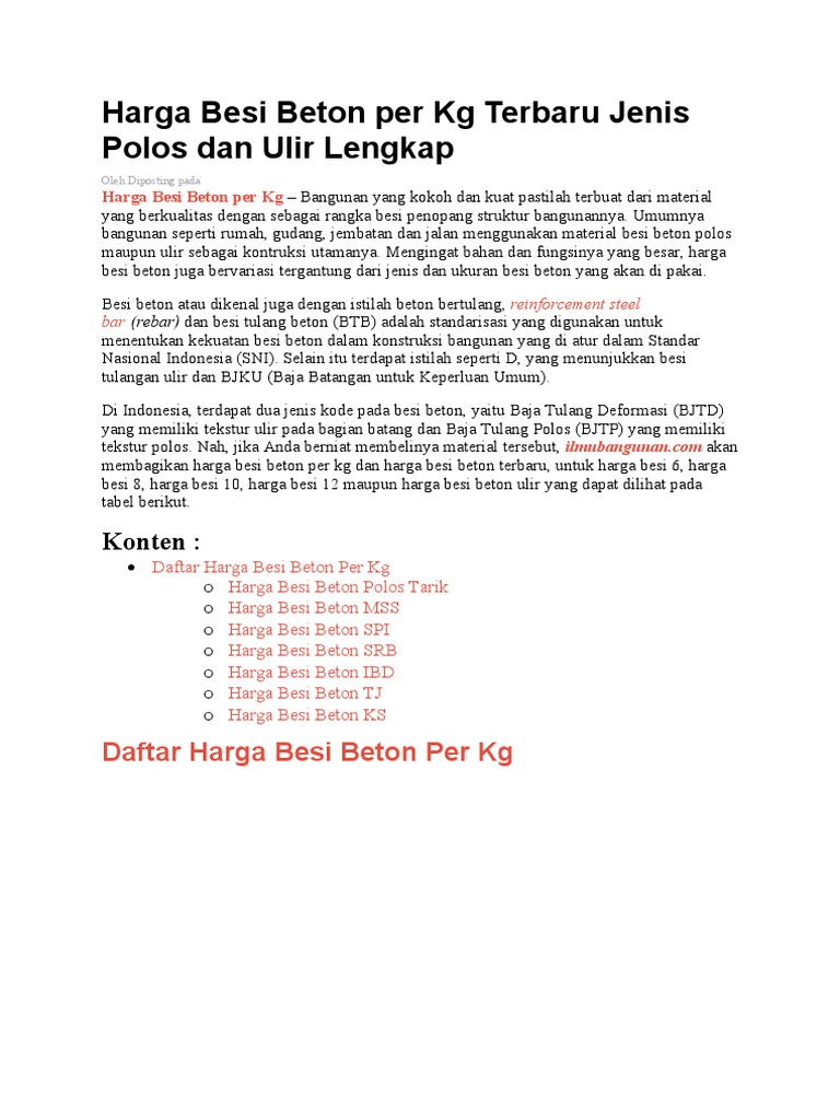 Harga Besi Beton Per KG Terbaru Jenis Polos Dan Ulir Lengkap | PDF