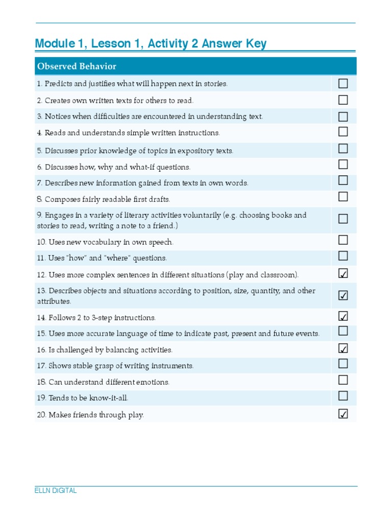 Module 1, Lesson 1, Activity 2 Answer Key: Observed Behavior | PDF ...