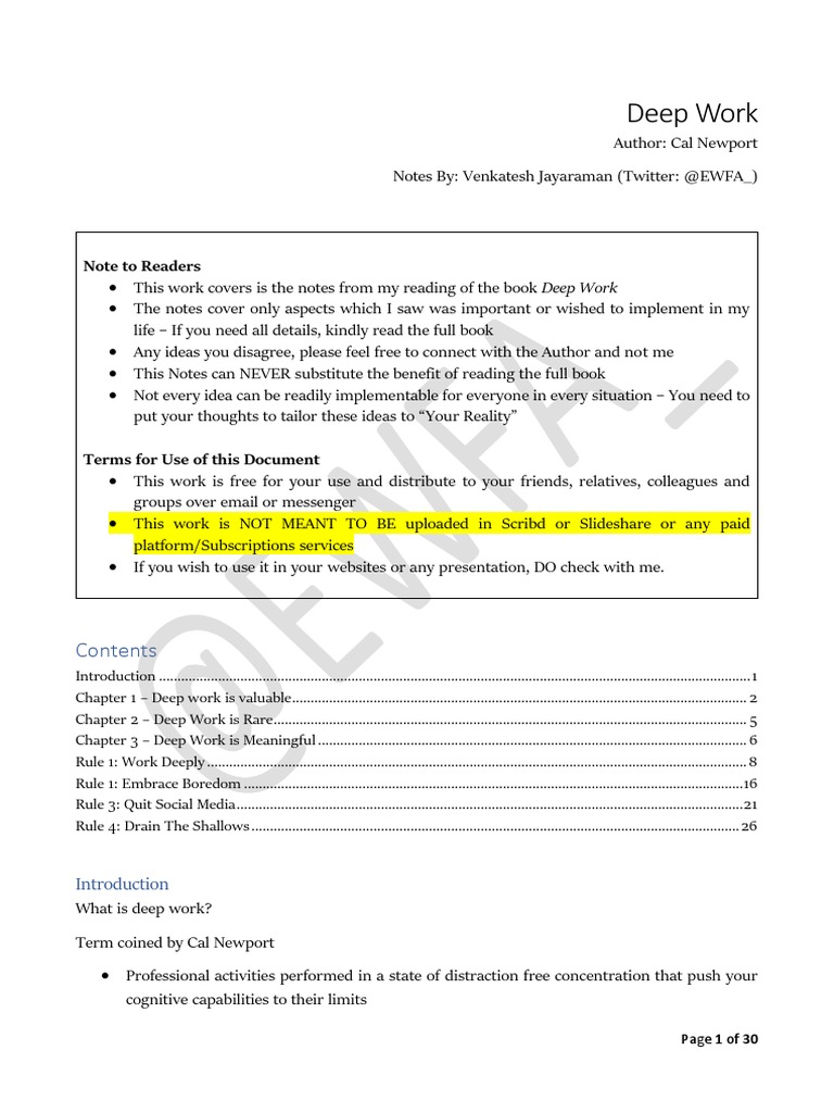 Deep Work - Notes (Shareable Copy) | Download Free PDF | Attention | Mind
