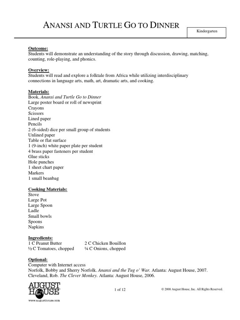 Ah Lesson Plan Anansi and Turtle Go To Dinner K | PDF | Anansi | Spoon