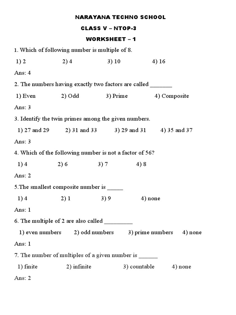 Class V Ntop-3 Worksheet-1 | PDF | Prime Number | Numbers