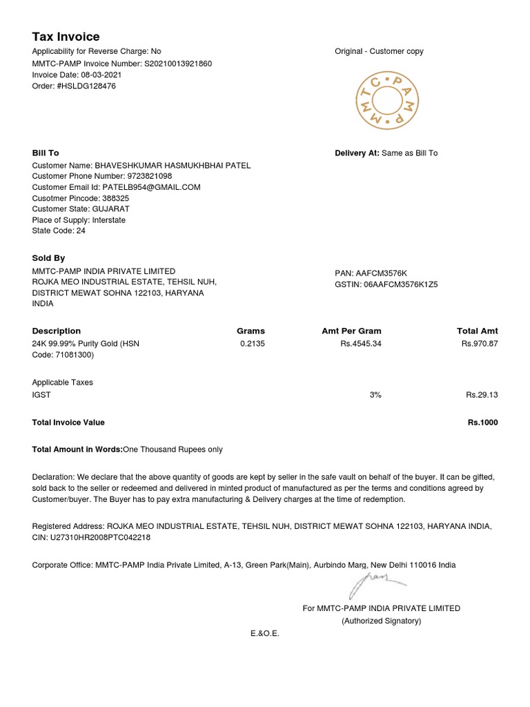 Tax Invoice for Gold Purchase | PDF