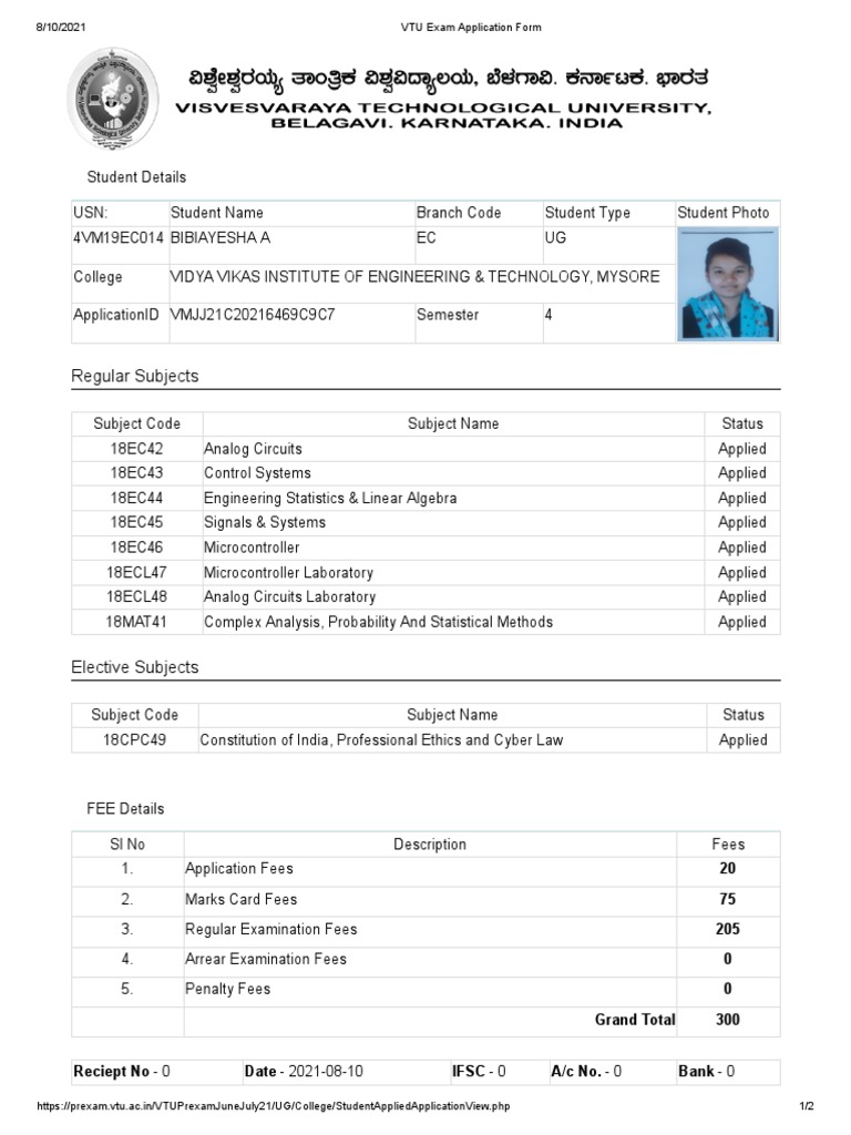 VTU Exam Application Form - Bibi Ayesha | PDF | Computing