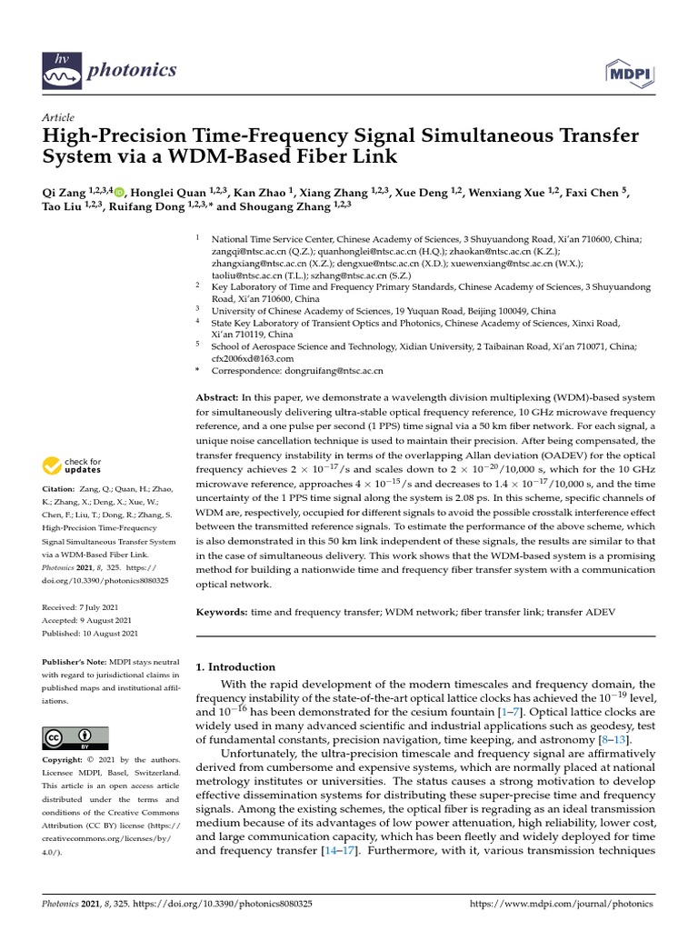 Photonics: High-Precision Time-Frequency Signal Simultaneous Transfer System Via A WDM-Based ...