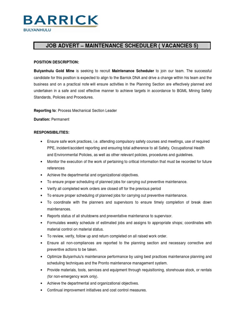 Job Advert - Maintenance Scheduler | PDF | Business