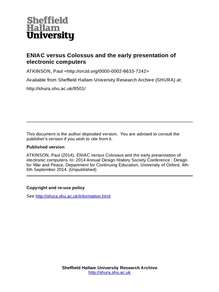 ENIAC Versus Colossus and The Early Presentation of Electronic ...