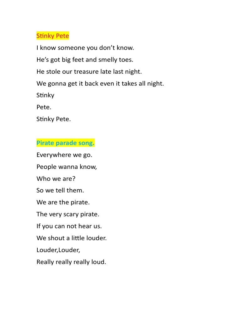 Stinky Pete: Pirate Parade Song | PDF