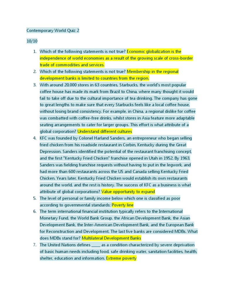 Contemporary World Quiz 2 | PDF | Poverty | Poverty & Homelessness