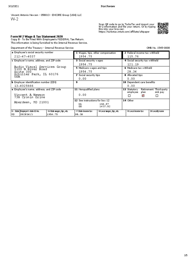 Psav Encore Global W-2 | PDF | Irs Tax Forms | 401(K)