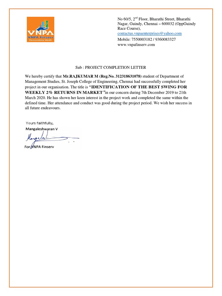 Project Completion Letter | PDF