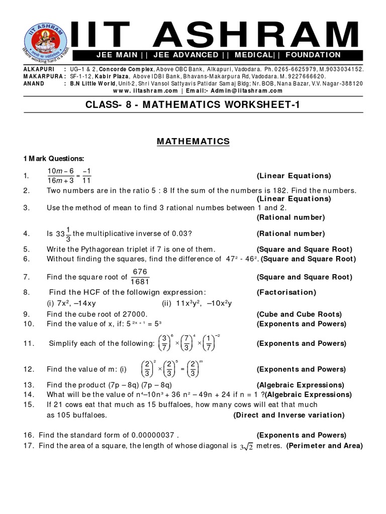 8th Class Maths Worksheet-1 | PDF | Area | Rectangle