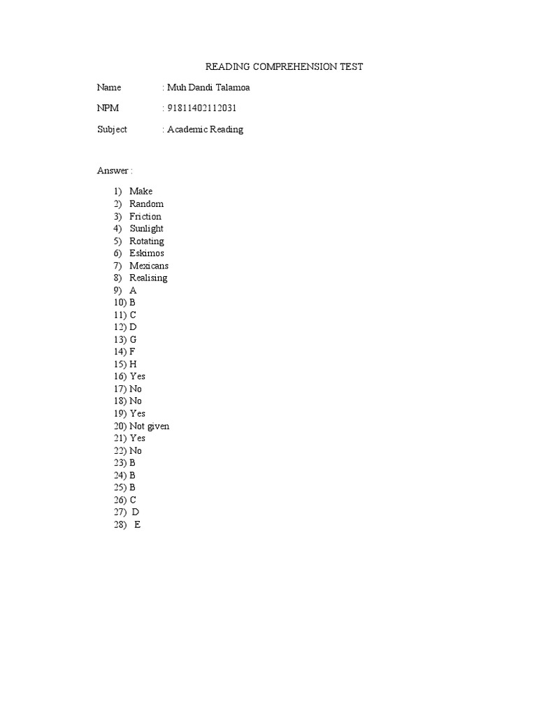 Reading Comprehension Test | PDF