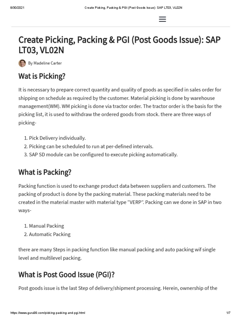 Create Picking, Packing & PGI (Post Goods Issue) - SAP LT03, VL02N ...