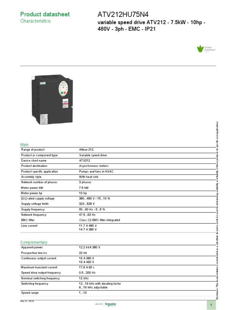 Altivar 212 ATV212HU75N4 Datasheet | PDF | Electric Motor ...