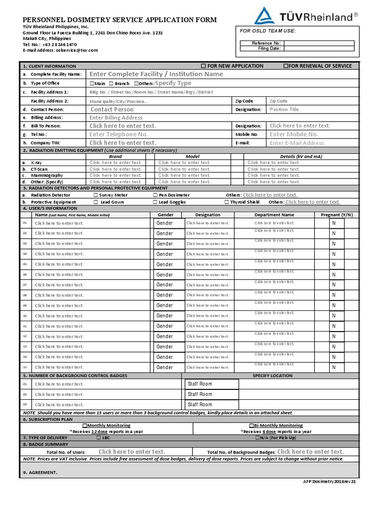 A1 Tuv Dosimetry Application Form For Email (Effective 25 October 2019 ...