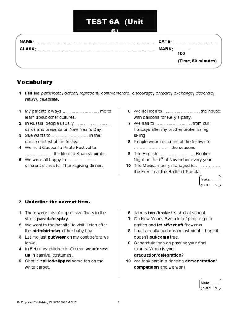 TEST 6A (Unit 6) : Vocabulary | PDF | Carnival