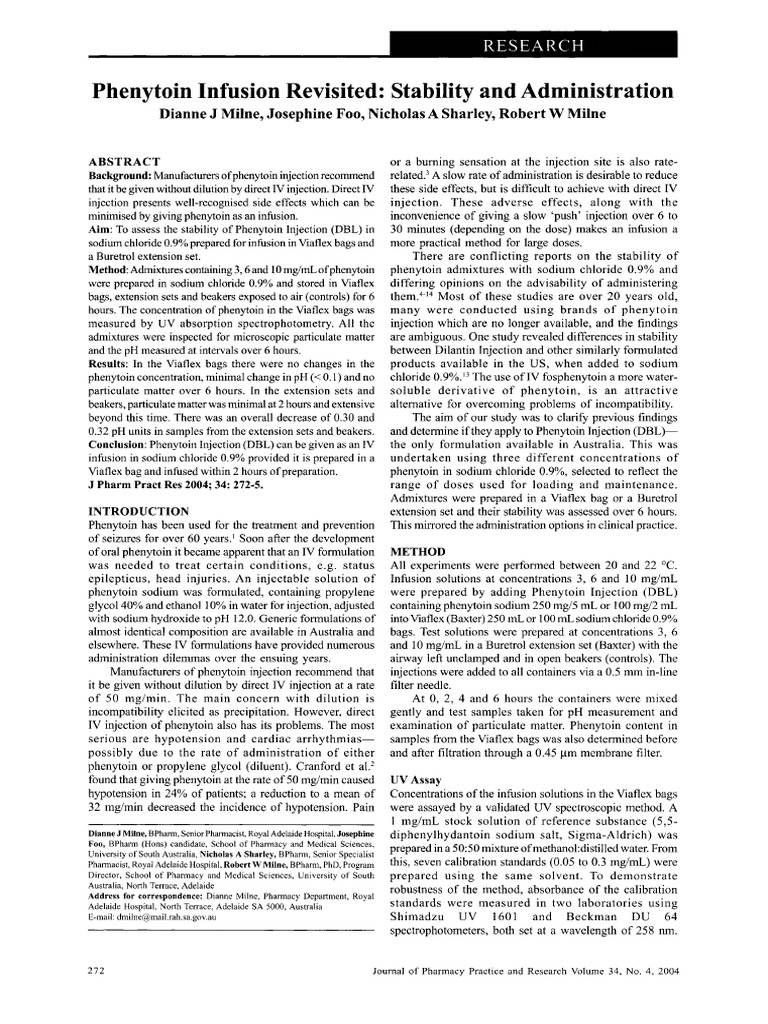 Phenytoin Infusion Revisited: Stability and Administration | PDF | Ph ...