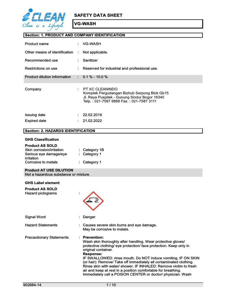 Safety Data Sheet Vg-Wash: Section: 1. Product and Company ...