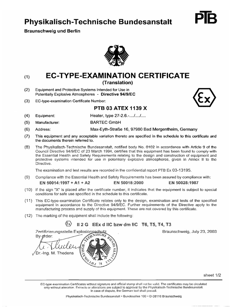 PTB 03 Atex 1139X | PDF