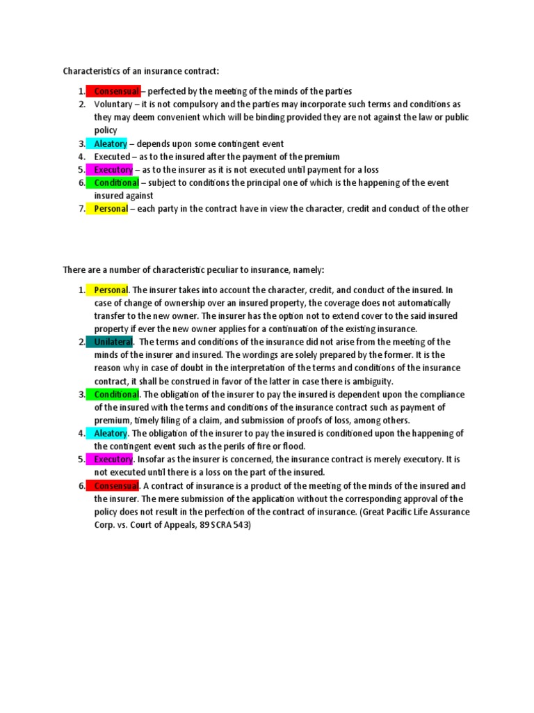 Characteristics of An Insurance Contract | PDF | Insurance | Insurance ...