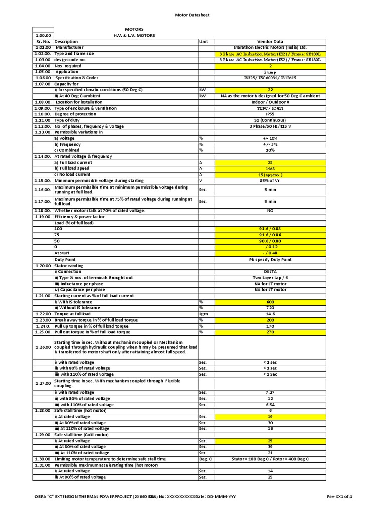 Datasheet For 22KW Motor | PDF | Electric Motor | Lubricant