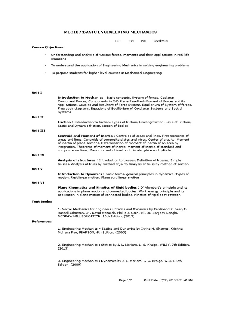 1st Year Engineering Mechanics Syllabus | PDF | Force | Friction