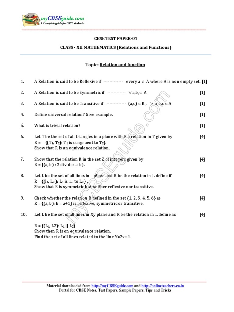 12 Mathematics Relations and Functions Test 01 | PDF | Teaching Methods ...