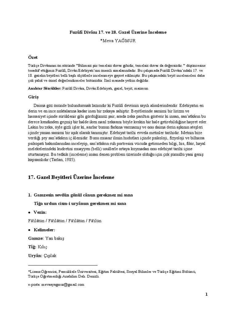 Fuzûlî Divânı 17. Ve 18. Gazel Üzerine İnceleme | PDF