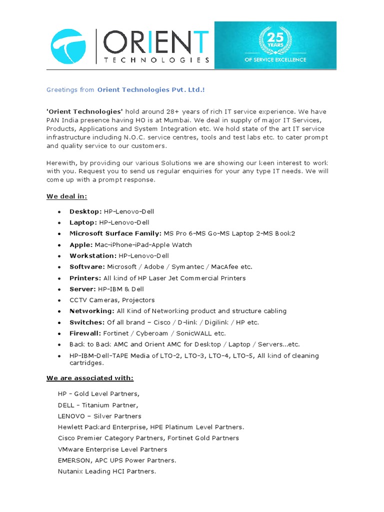 Greetings From Orient Technologies Pvt. LTD.! | PDF | Hewlett Packard | Dell