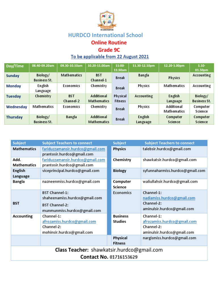 Online Class Schedule and Teacher Contact Information for Grade 9C at ...