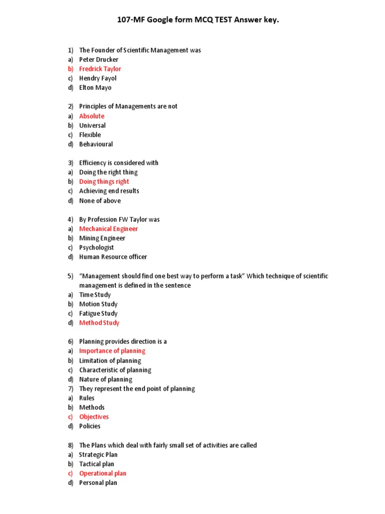 MF-107 MCQ Test - Google Form Answer Key | PDF | Motivational | Motivation