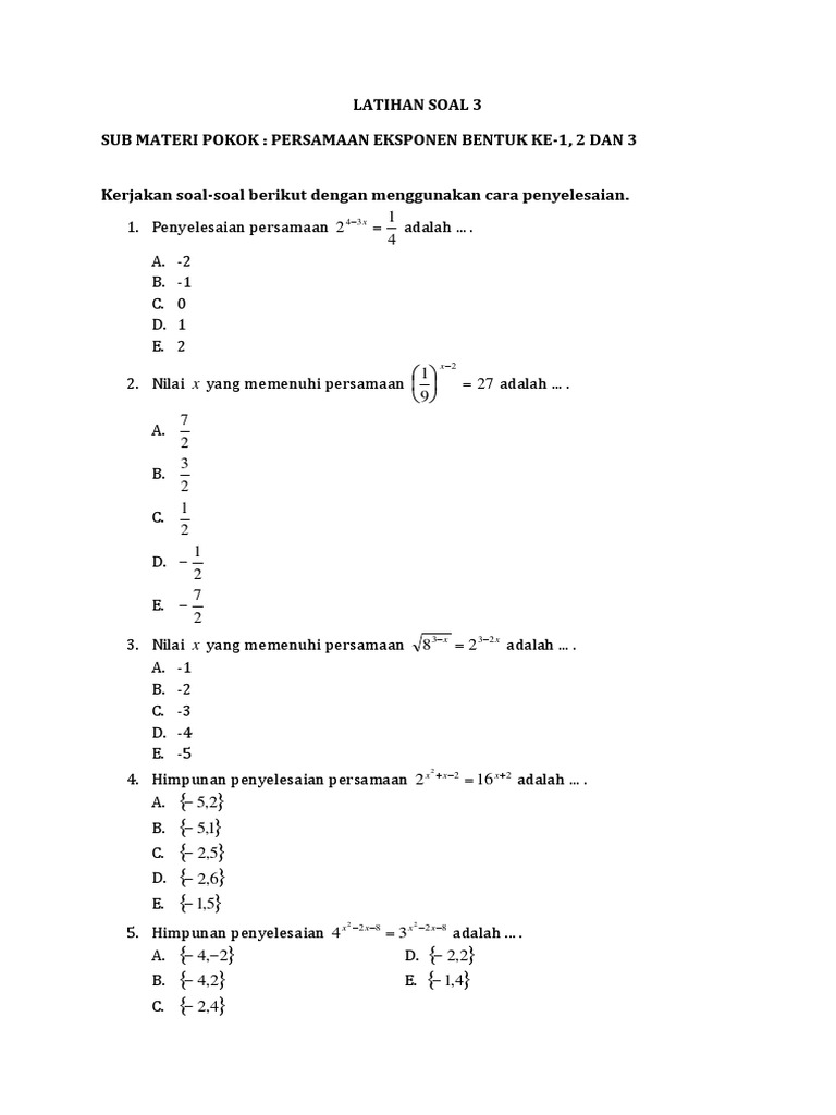 LATIHAN SOAL 3 (Persamaan Eksponen Bentuk 1, 2 Dan 3) | PDF