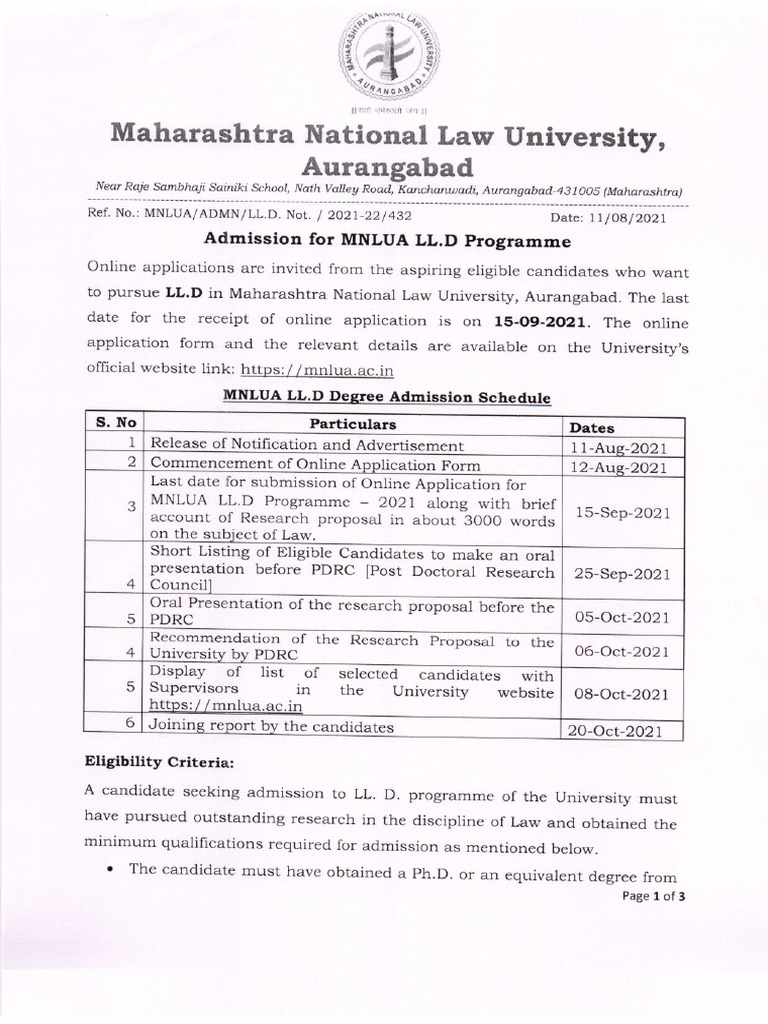 Admission For MNLUA LL.D. Programme | PDF