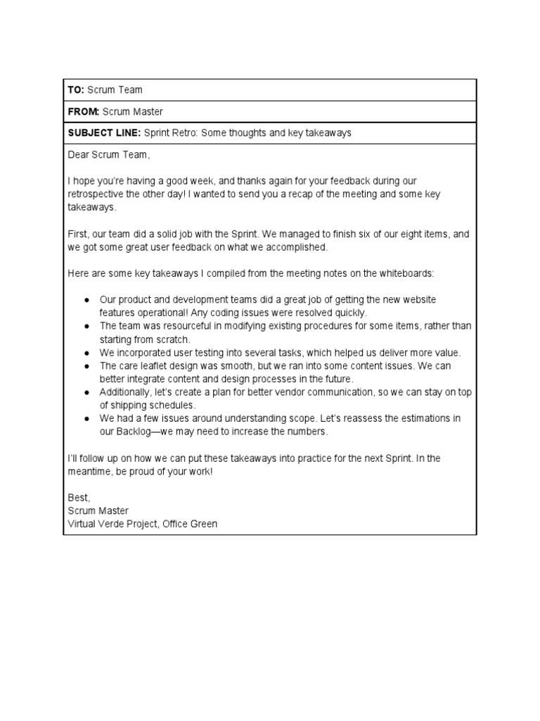 Activity Exemplar - Sprint Retrospective Email | PDF