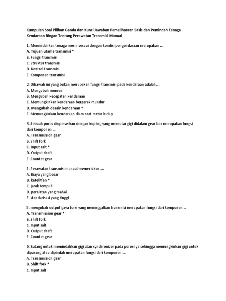 Kumpulan Soal Pilihan Ganda Dan Kunci Jawaban Pemeliharaan Sasis Dan Pemindah Tenaga Kendaraan ...