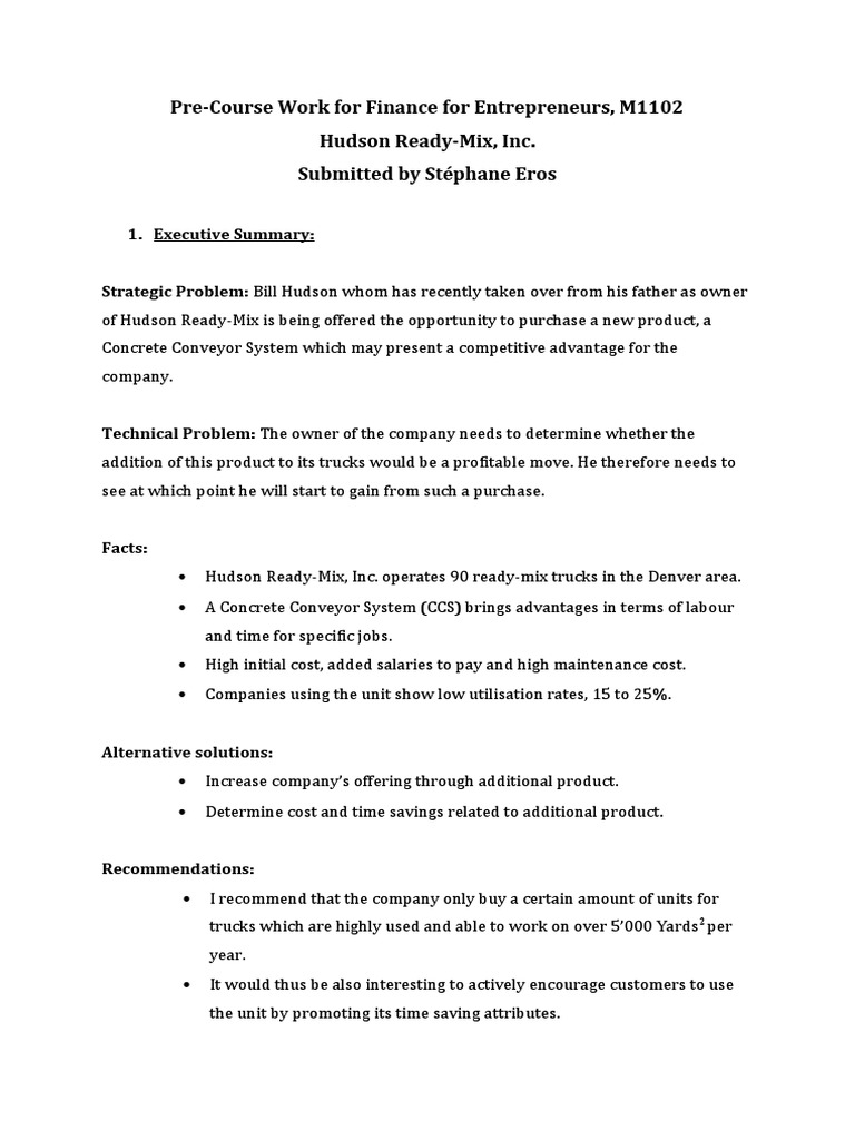 Pre-Course Work For Finance For Entrepreneurs, M1102 Hudson Ready-Mix ...