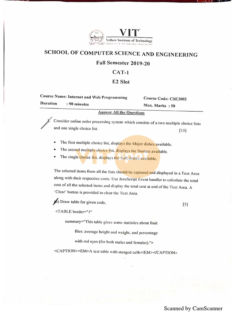 CAT1 19-20 FALL Question Paper VIT | PDF