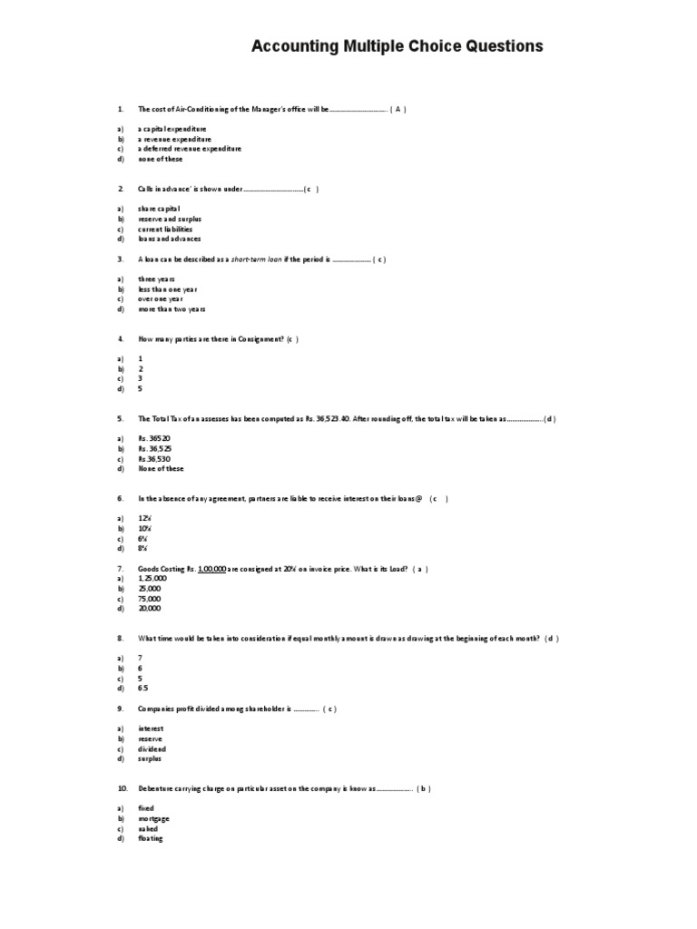Accounting Multiple Choice Questions - Test | PDF | Balance Sheet ... Accounting Multiple Choice Questions - Test | PDF | Balance Sheet ...