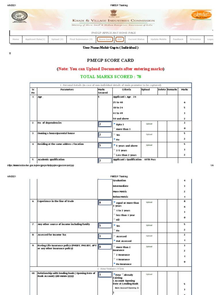 Pmegp Score Card : Total Marks Scored: 78 | Download Free PDF | Banks ...