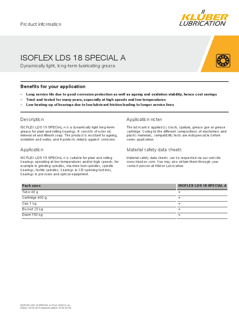 Isoflex Lds 18 Special A: Product Information | PDF | Bearing ...