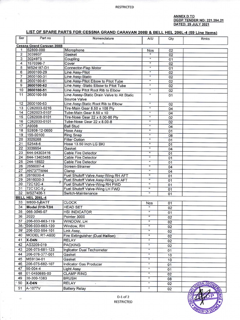 Bell and 208b Parts List | PDF | Equipment | Manufactured Goods